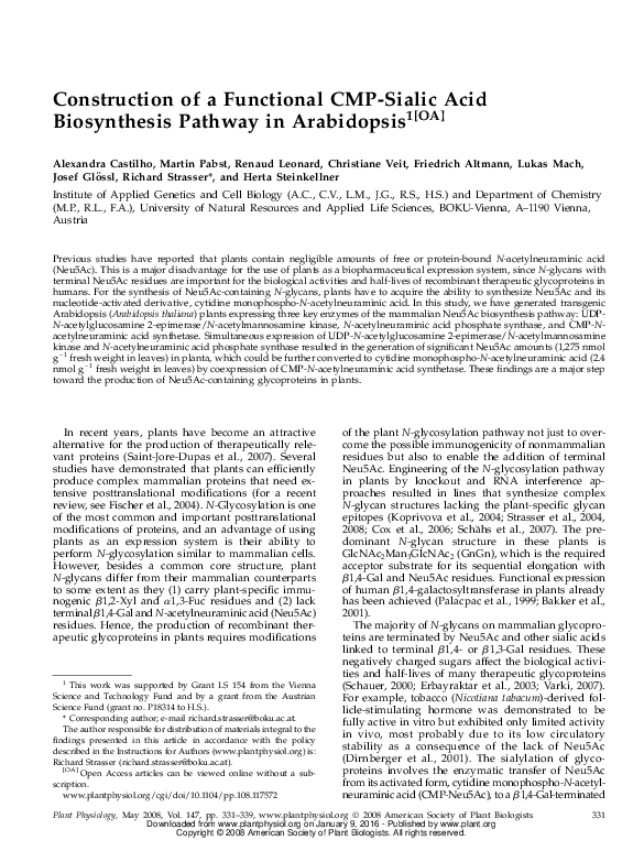 (PDF) Construction of a Functional CMP-Sialic Acid Biosynthesis Pathway ...