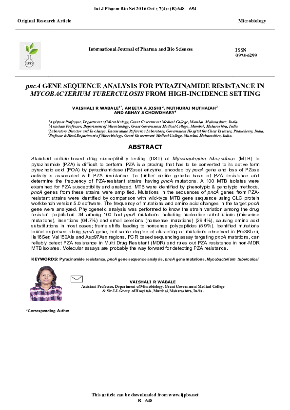 (PDF) pncA GENE SEQUENCE ANALYSIS FOR PYRAZINAMIDE RESISTANCE IN ...