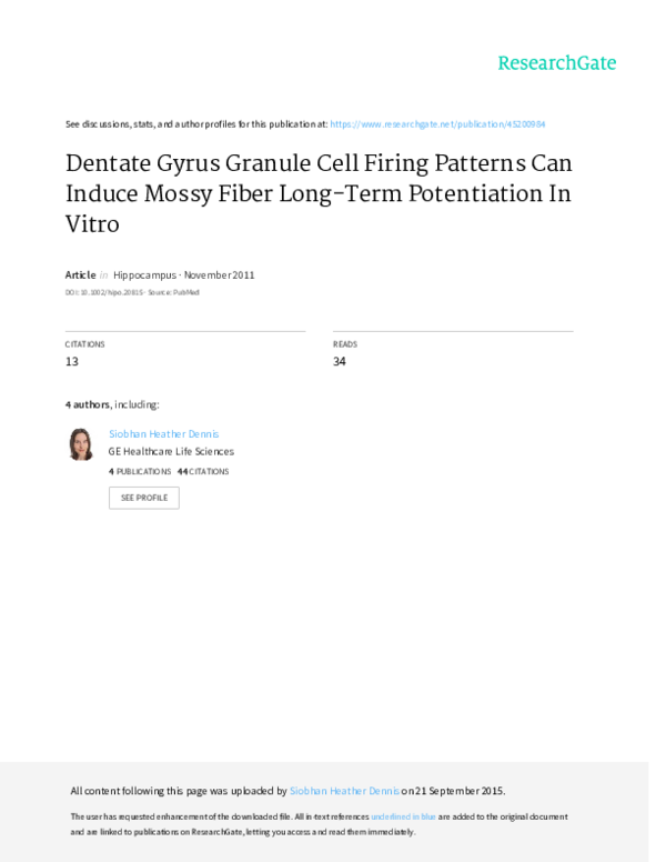 (PDF) Dentate gyrus granule cell firing patterns can induce mossy fiber ...
