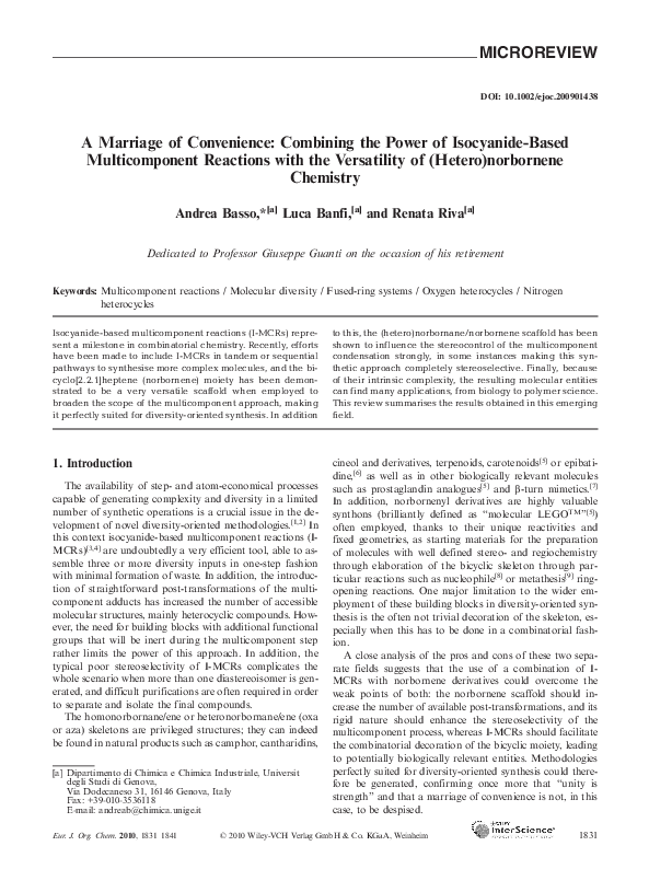 (PDF) A Marriage of Convenience: Combining the Power of Isocyanide-Based Multicomponent ...