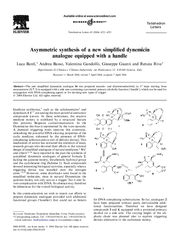 (PDF) Asymmetric synthesis of a new simplified dynemicin analogue equipped with a handle