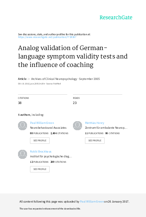 (PDF) Analog validation of German-language symptom validity tests and ...