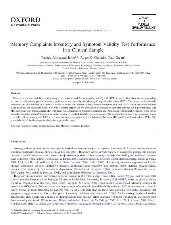 (PDF) Memory Complaints Inventory and Symptom Validity Test Performance ...