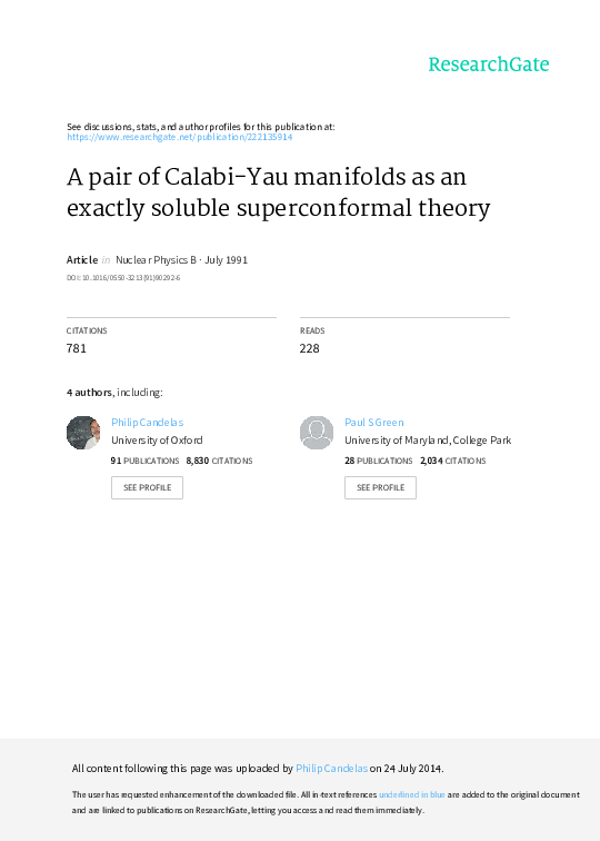 (PDF) A pair of Calabi-Yau manifolds as an exactly soluble superconformal theory