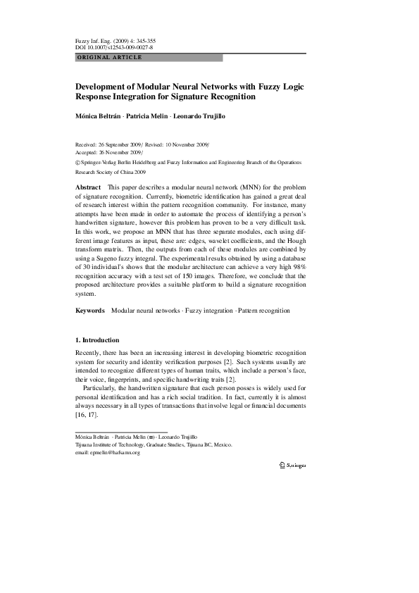 Pdf Development Of Modular Neural Networks With Fuzzy Logic Response Integration For Signature