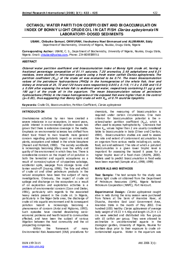 (PDF) OCTANOL/WATER PARTITION COEFFICIENT AND BIOACCUMULATION INDEX OF BONNY LIGHT CRUDE OIL IN ...