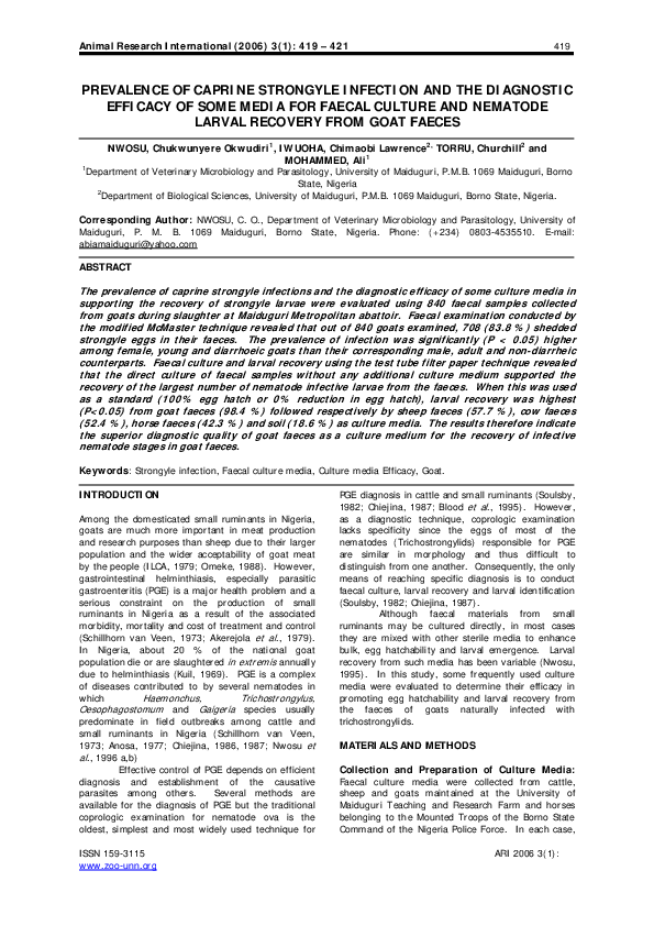 (PDF) PREVALENCE OF CAPRINE STRONGYLE INFECTION AND THE DIAGNOSTIC ...