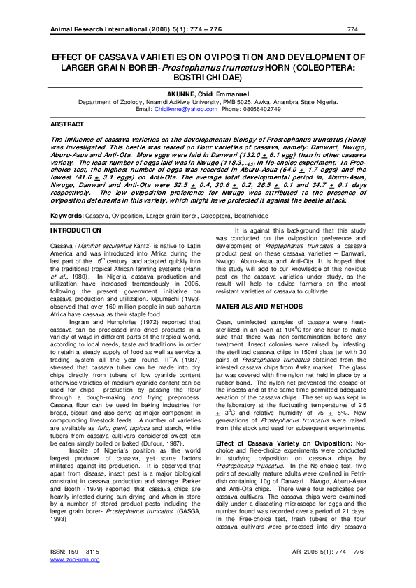 (PDF) EFFECT OF CASSAVA VARIETIES ON OVIPOSITION AND DEVELOPMENT OF ...