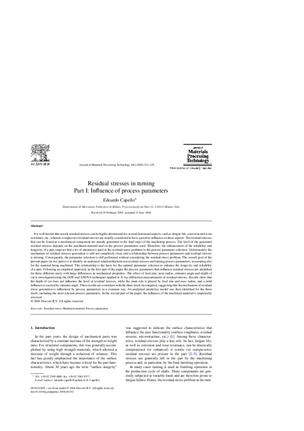Pdf Residual Stresses In Turning Part I Influence Of Process Parameters