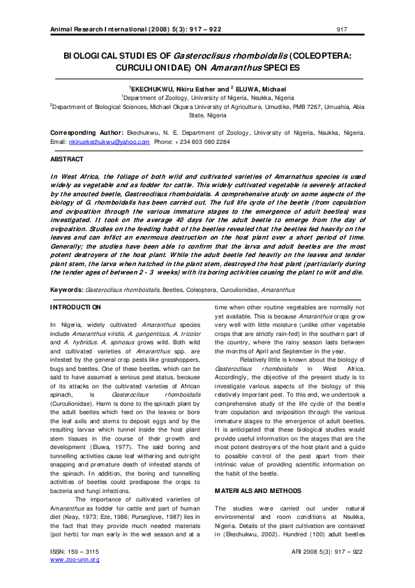 (PDF) BIOLOGICAL STUDIES OF Gasteroclisus rhomboidalis (COLEOPTERA ...