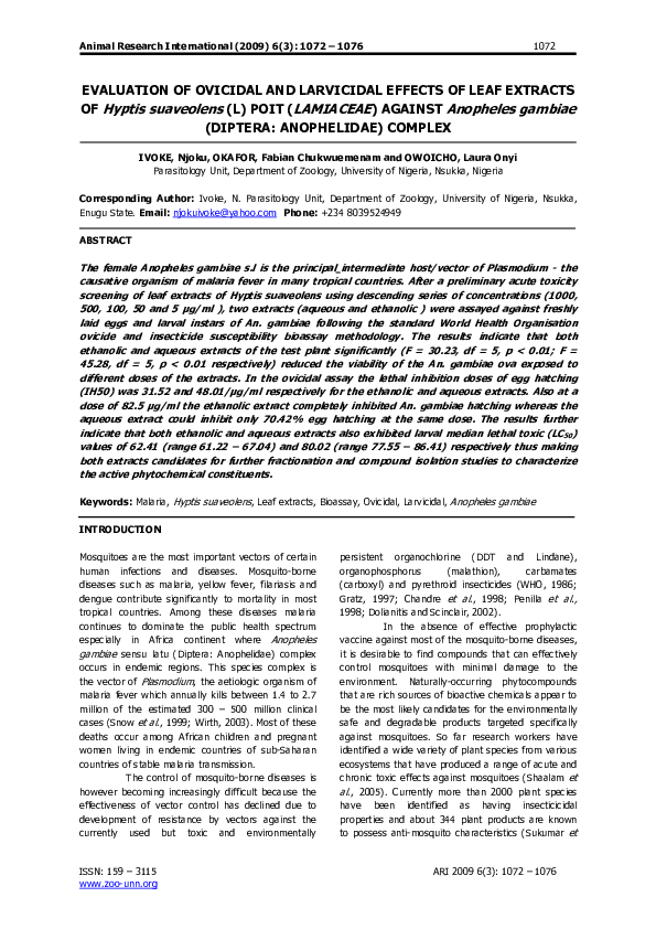 (PDF) EVALUATION OF OVICIDAL AND LARVICIDAL EFFECTS OF LEAF EXTRACTS OF Hyptis suaveolens (L ...
