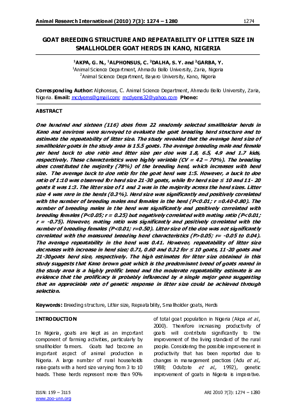 (PDF) GOAT BREEDING STRUCTURE AND REPEATABILITY OF LITTER SIZE IN ...