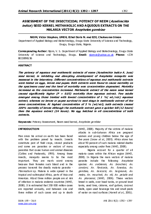 (PDF) ASSESSMENT OF THE INSECTICIDAL POTENCY OF NEEM (Azadirachta ...