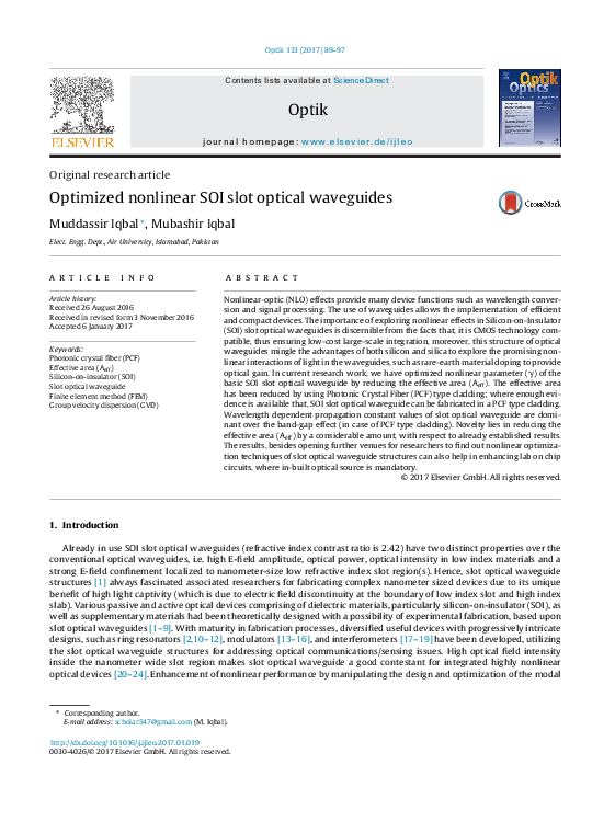 (PDF) Optimized nonlinear SOI slot optical waveguides | Muddassir Iqbal ...