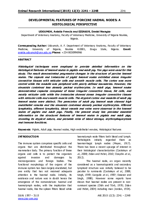 (PDF) DEVELOPMENTAL FEATURES OF PORCINE HAEMAL NODES: A HISTOLOGICAL ...