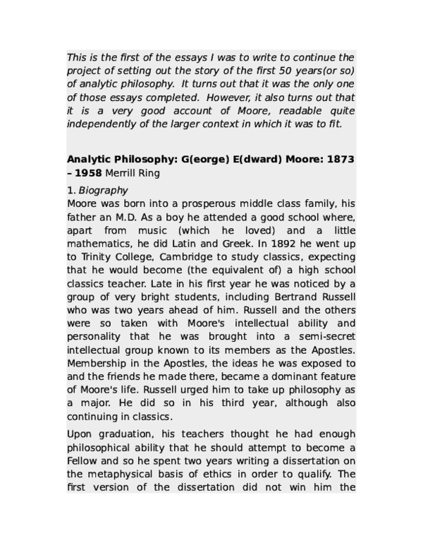 (DOC) Analytic Philosophy: G(eorge) E(dward) Moore (1873-1958)