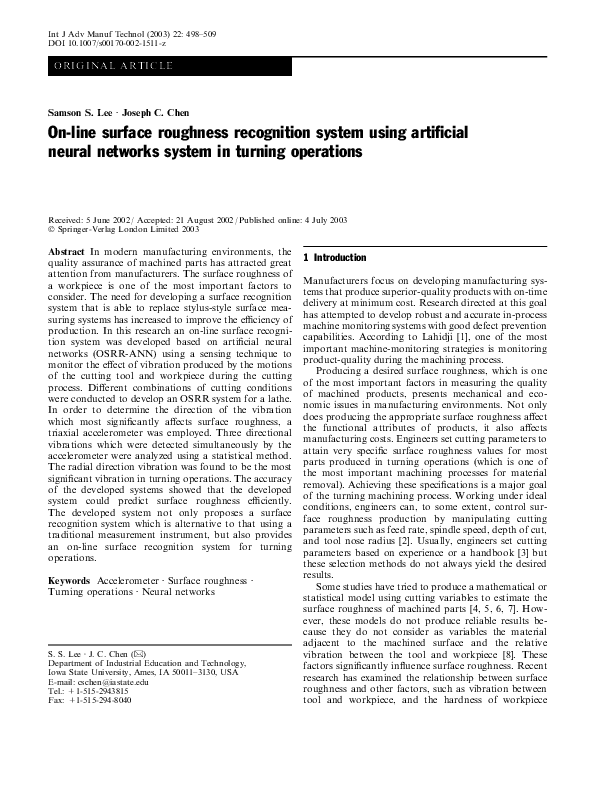 Pdf On Line Surface Roughness Recognition System Using Artificial Neural Networks System In