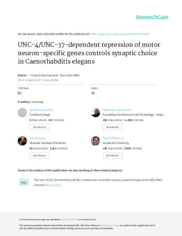 (PDF) UNC-4/UNC-37-dependent repression of motor neuron-specific genes ...