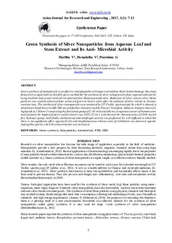 (PDF) Green Synthesis of Silver Nanoparticles from Aqueous Leaf and Stem Extract and Its Anti ...