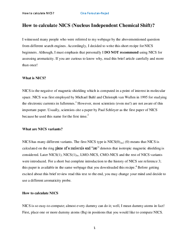 (PDF) How to calculate NICS (Nucleus Independent Chemical Shift)? A ...