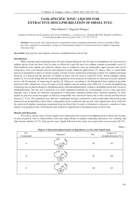 (PDF) TASK-SPECIFIC IONIC LIQUIDS FOR EXTRACTIVE DESULPHURIZATION OF DIESEL FUEL
