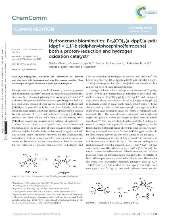 (PDF) Hydrogenase biomimetics: Fe2(CO)4(μ-dppf)(μ-pdt) (dppf = 1,1′-bis ...