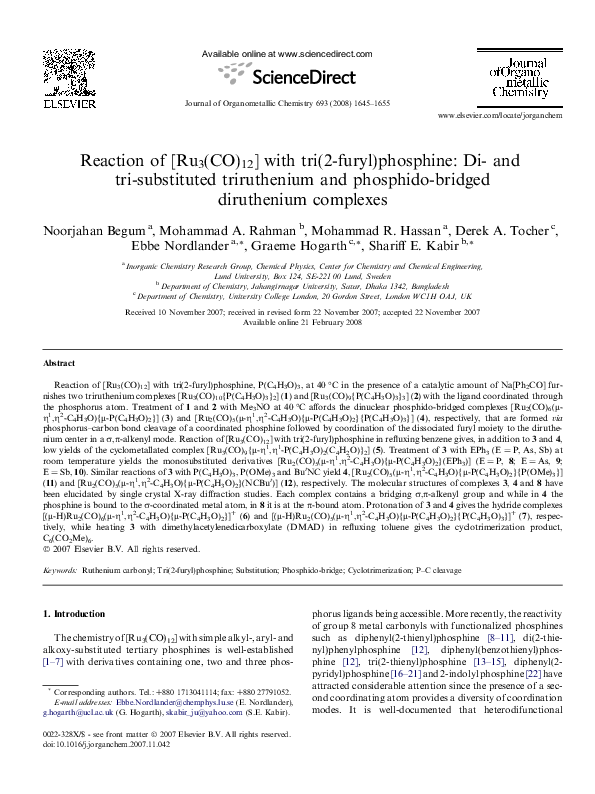 (PDF) Reaction of [Ru3(CO)12] with tri(2-furyl)phosphine: Di- and tri ...