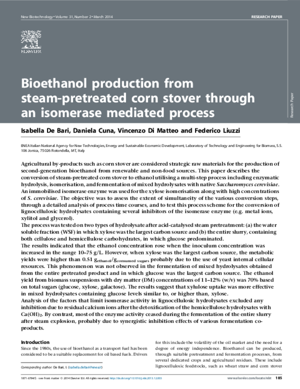 (PDF) Bioethanol production from steam-pretreated corn stover through an isomerase mediated process