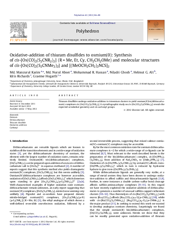 (PDF) Oxidative-addition of thiuram disulfides to osmium(0): Synthesis ...
