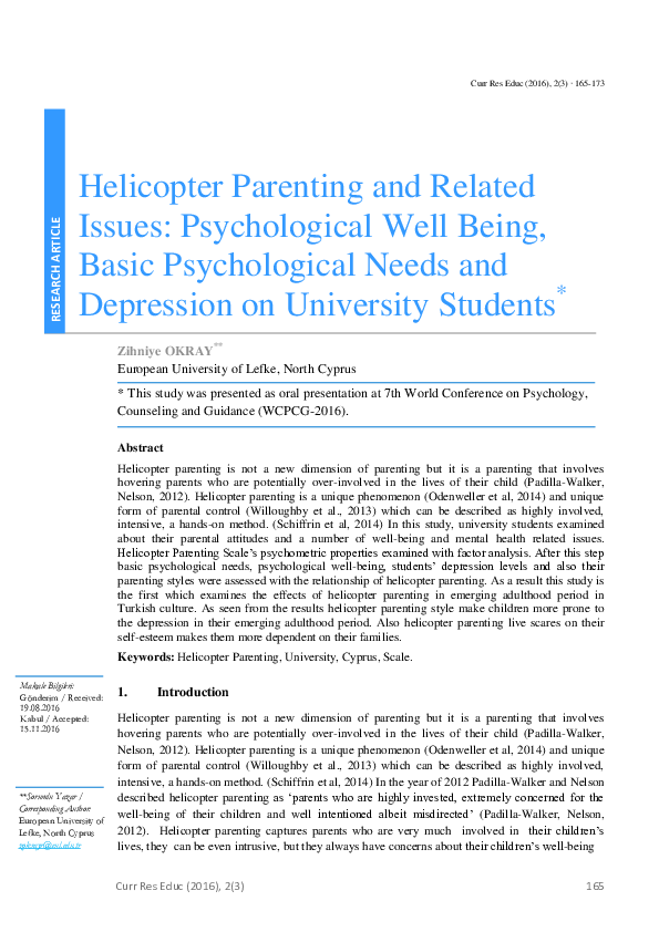 (PDF) Curr Res Educ (2016), 2(3) 165 Helicopter Parenting and Related ...