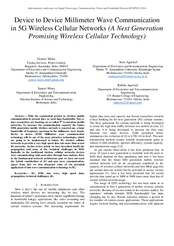 (PDF) Device to Device Millimeter Wave Communication in 5G Wireless ...