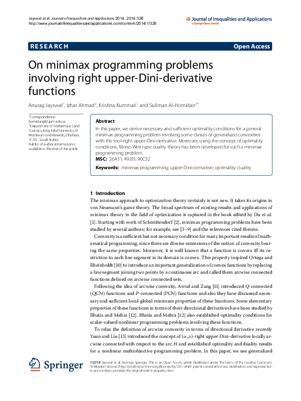 (PDF) On minimax programming problems involving right upper-Dini-derivative functions | Izhar ...