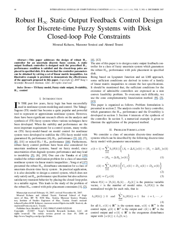 (PDF) Robust H∞ Static Output Feedback Control Design for Discrete-time Fuzzy Systems with Disk ...