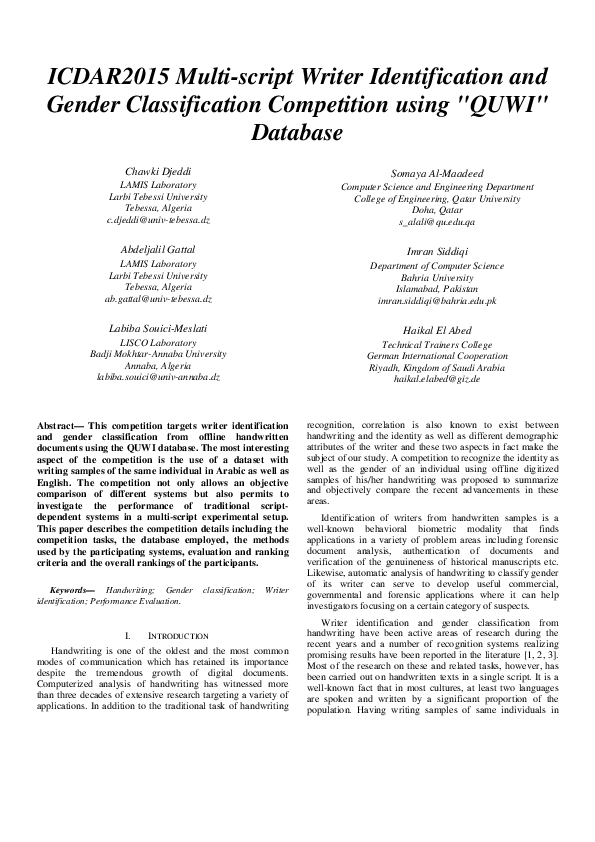 (PDF) ICDAR2015 Multi-script Writer Identification and Gender Classification Competition using ...