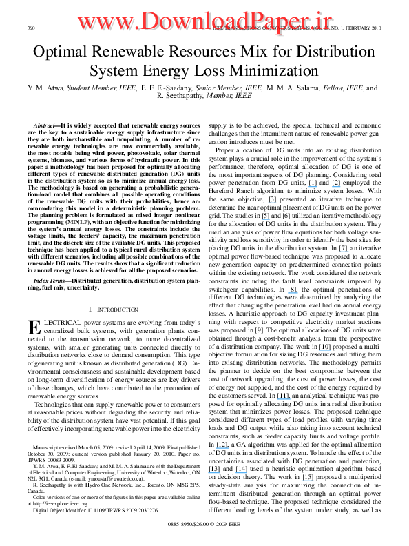 Optimal Renewable Resources Mix For Distribution System Energy Loss Minimization