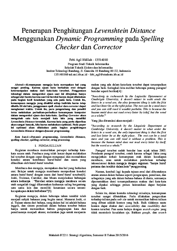 (PDF) Penerapan Penghitungan Levenshtein Distance Menggunakan Dynamic Programming pada Spelling ...