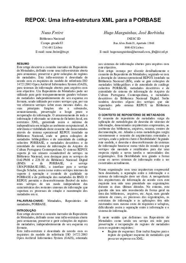 (PDF) REPOX: Uma infra-estrutura XML para a PORBASE