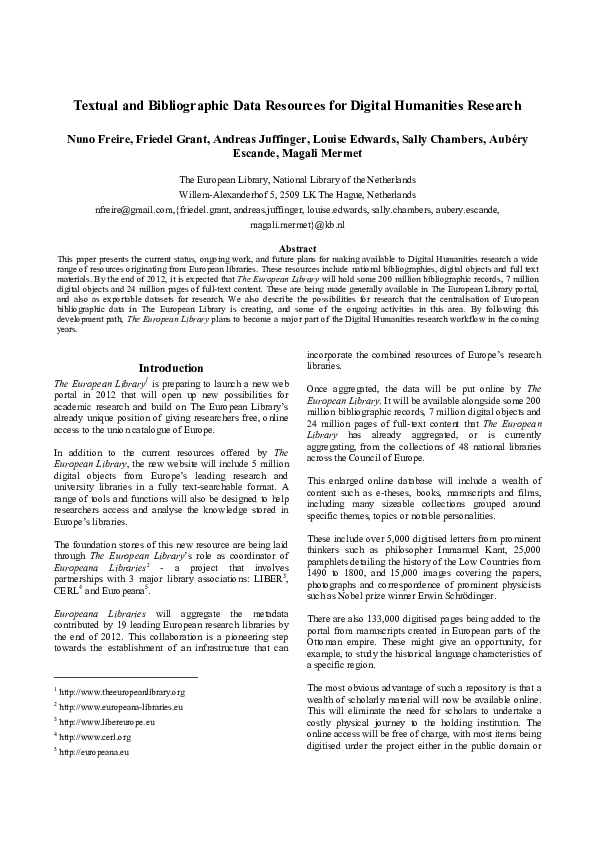 (PDF) Textual and Bibliographic Data Resources for Digital Humanities ...