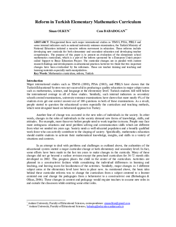 (PDF) Reform in Turkish Elementary Mathematics Curriculum