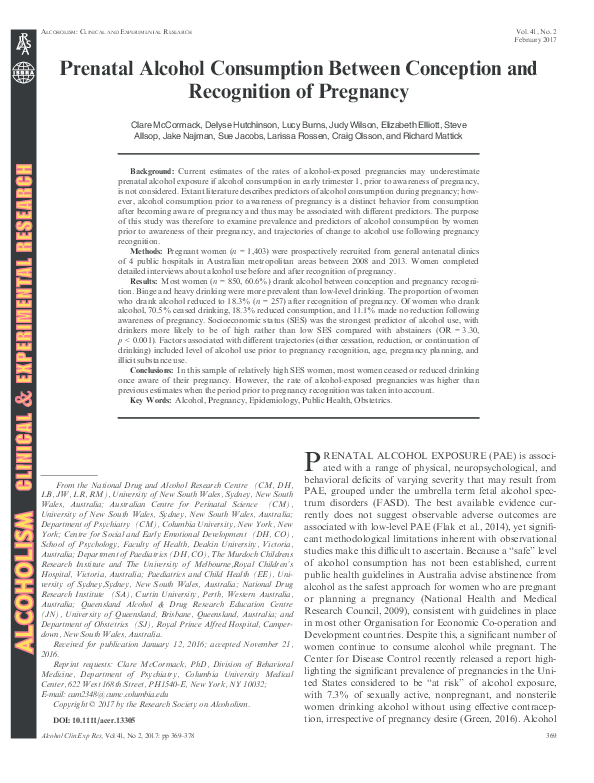 (PDF) Prenatal Alcohol Consumption Between Conception and Recognition ...