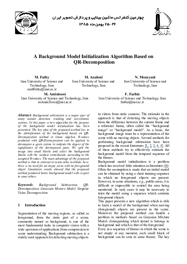 Pdf A Background Model Initialization Algorithm Based On Qr Decomposition