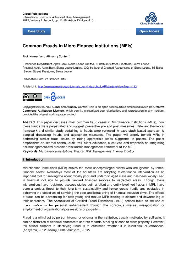 (PDF) Common Frauds in Micro Finance Institutions (MFIs