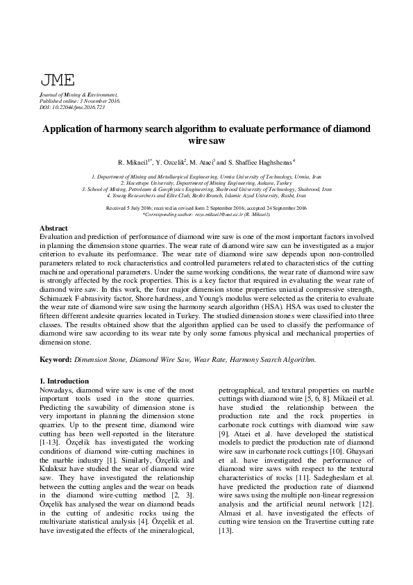 (PDF) Application of harmony search algorithm to evaluate performance of diamond wire saw