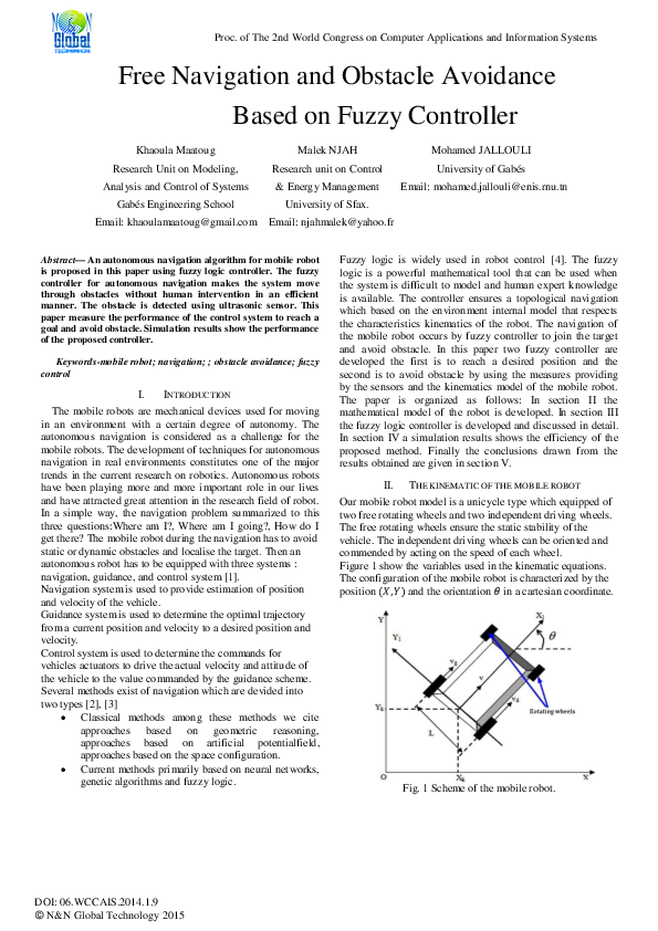 Pdf Free Navigation And Obstacle Avoidance Based On Fuzzy Controller