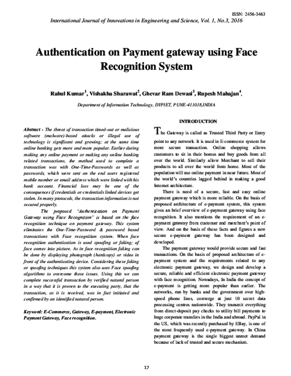Authentication on Payment gateway using Face Recognition System