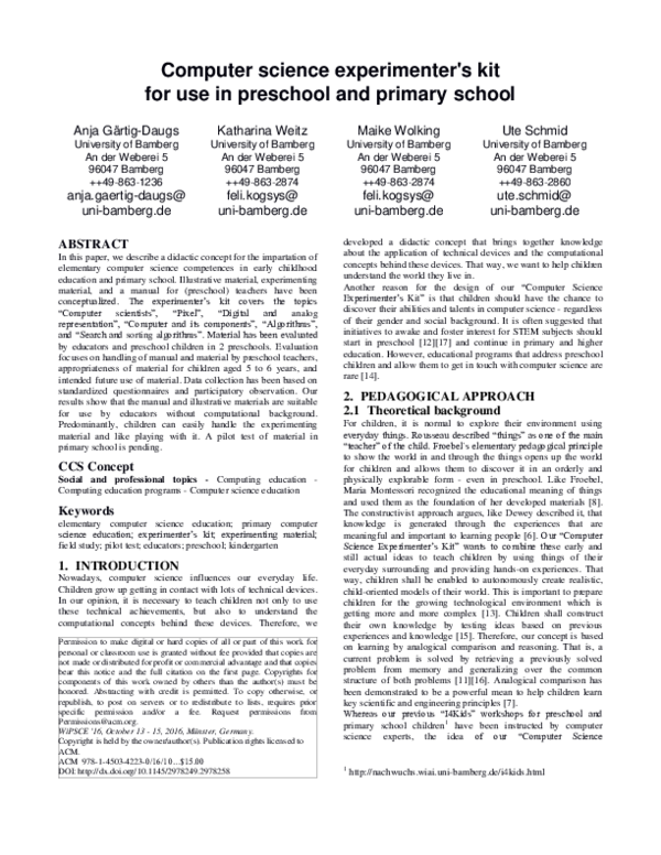 (PDF) Computer science experimenter's kit for use in preschool and ...