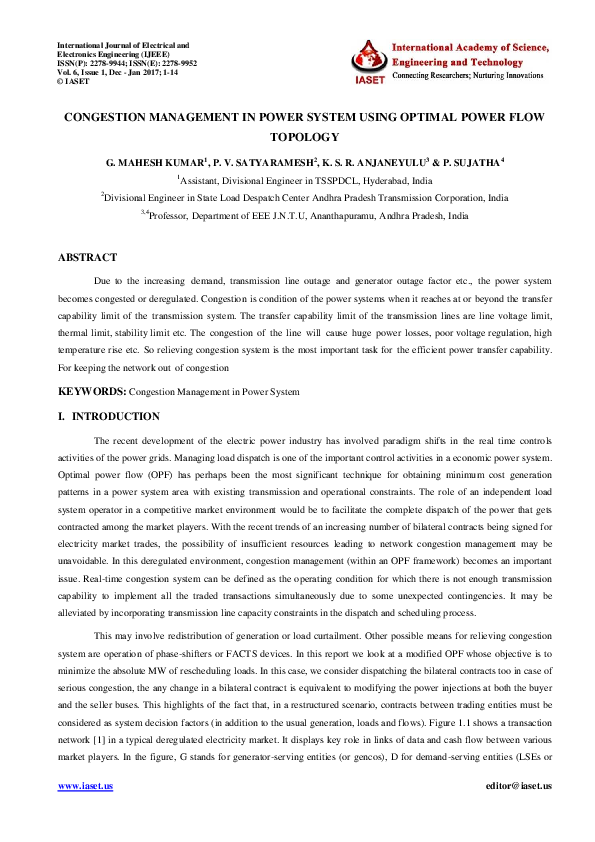 (PDF) CONGESTION MANAGEMENT IN POWER SYSTEM USING OPTIMAL POWER FLOW TOPOLOGY