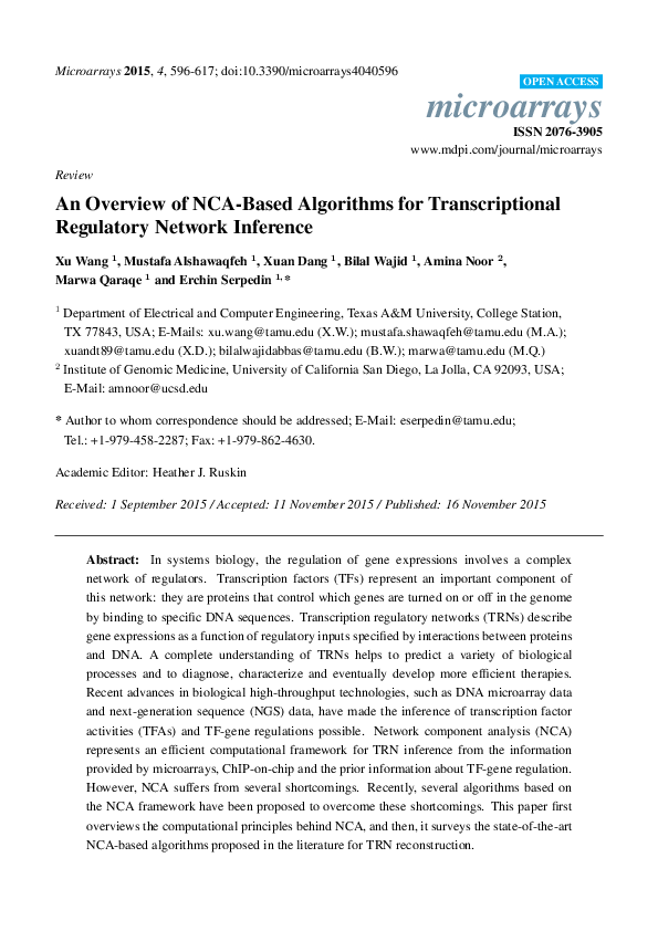 (PDF) microarrays An Overview of NCA-Based Algorithms for Transcriptional Regulatory Network ...