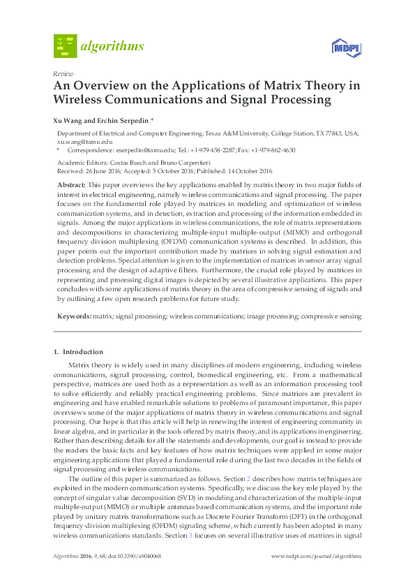 (PDF) An Overview on the Applications of Matrix Theory in Wireless ...