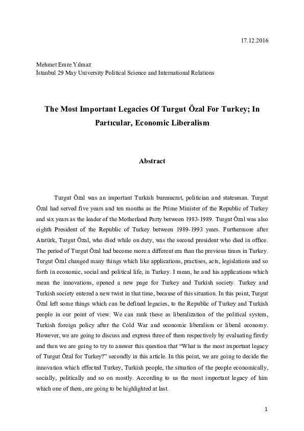 (PDF) The Most Important Legacies Of Turgut Ozal For Turkey In Particular Economic Liberalism